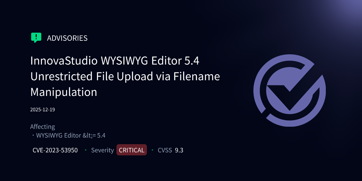 InnovaStudio WYSIWYG Editor 5.4 Unrestricted File Upload via Filename ...